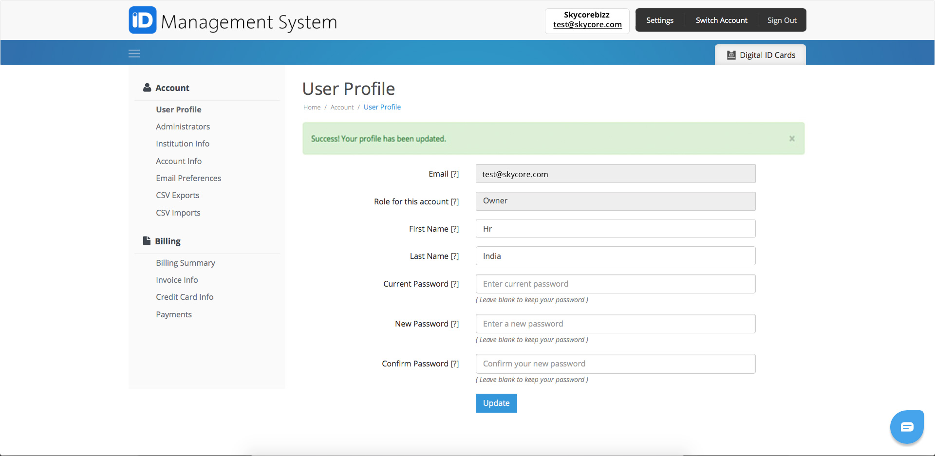 Update The ID Management System User Password - ID123